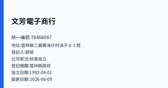 文芳電子商行的照片-統編 78466067(雲林縣) 公司登記資料與營業項目詳細圖表