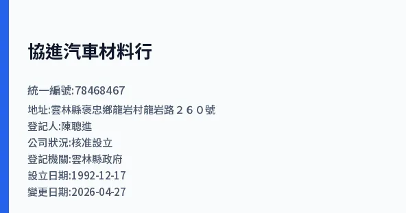 協進汽車材料行的照片-統編 78468467(雲林縣) 公司登記資料與營業項目詳細圖表