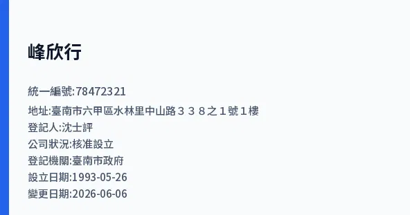 峰欣行的照片-統編 78472321(臺南市) 公司登記資料與營業項目詳細圖表