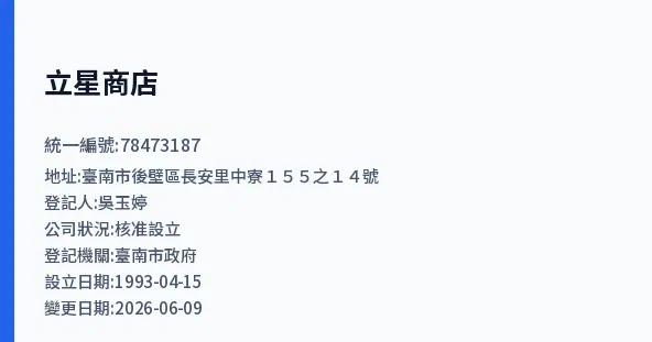 立星商店的照片-統編 78473187(臺南市) 公司登記資料與營業項目詳細圖表