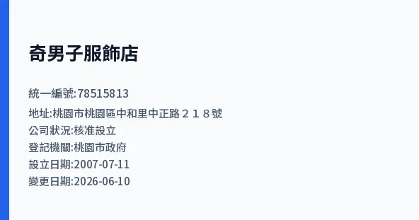 奇男子服飾店的照片-統編 78515813(桃園市) 公司登記資料與營業項目詳細圖表