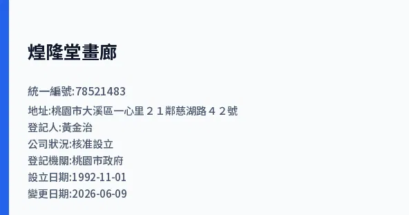 煌隆堂畫廊的照片-統編 78521483(桃園市) 公司登記資料與營業項目詳細圖表