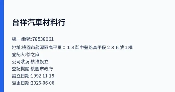 台祥汽車材料行的照片-統編 78538061(桃園市) 公司登記資料與營業項目詳細圖表