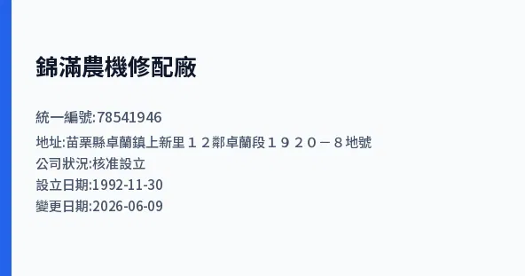 錦滿農機修配廠的照片-統編 78541946(苗栗縣) 公司登記資料與營業項目詳細圖表