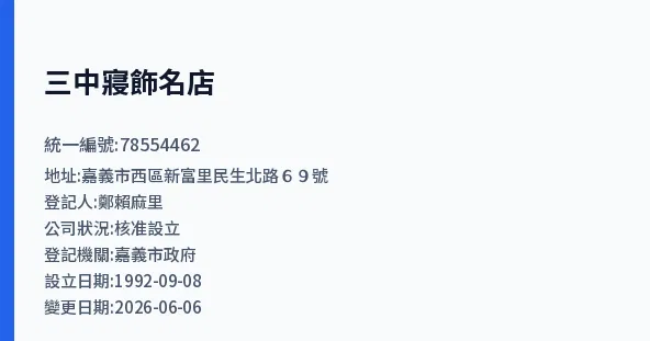 三中寢飾名店的照片-統編 78554462(嘉義市) 公司登記資料與營業項目詳細圖表
