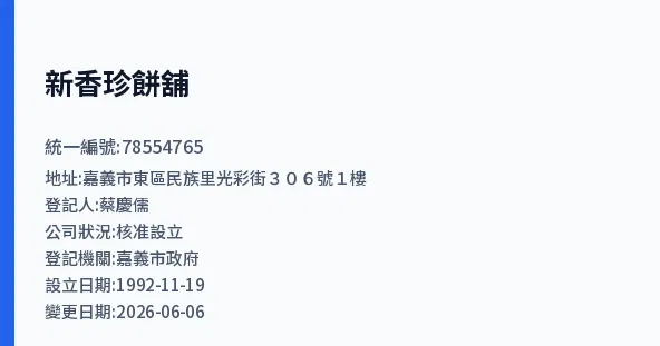 新香珍餅舖的照片-統編 78554765(嘉義市) 公司登記資料與營業項目詳細圖表