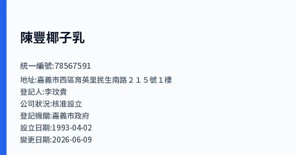 陳豐椰子乳的照片-統編 78567591(嘉義市) 公司登記資料與營業項目詳細圖表