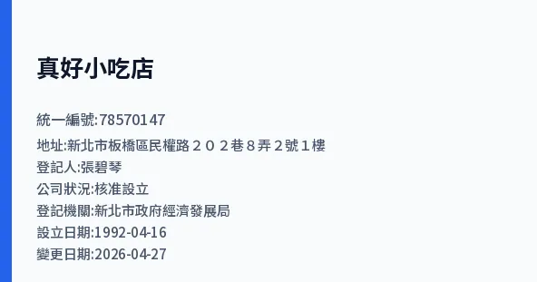真好小吃店的照片-統編 78570147(新北市) 公司登記資料與營業項目詳細圖表