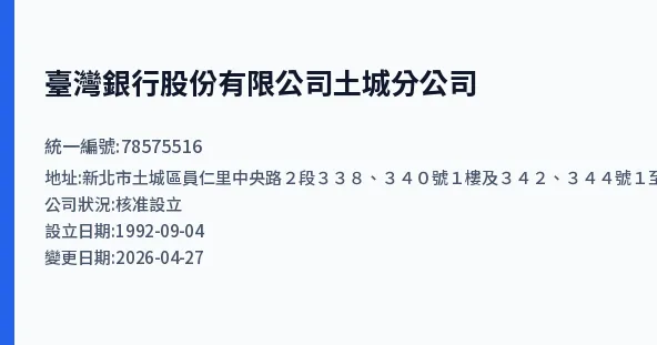 臺灣銀行股份有限公司土城分公司的照片-統編 78575516(新北市) 公司登記資料與營業項目詳細圖表