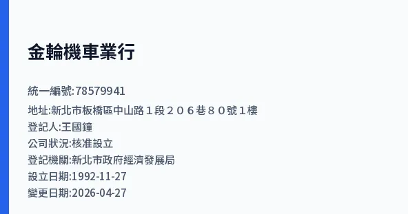 金輪機車業行的照片-統編 78579941(新北市) 公司登記資料與營業項目詳細圖表