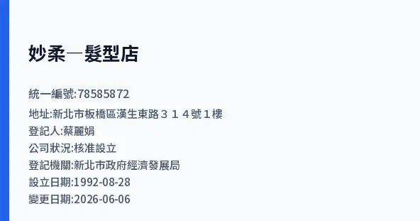 妙柔―髮型店的照片-統編 78585872(新北市) 公司登記資料與營業項目詳細圖表