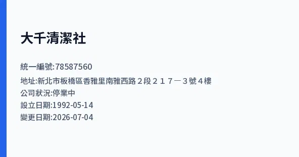 大千清潔社的照片-統編 78587560(新北市) 公司登記資料與營業項目詳細圖表
