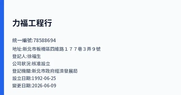 力福工程行的照片-統編 78588694(新北市) 公司登記資料與營業項目詳細圖表