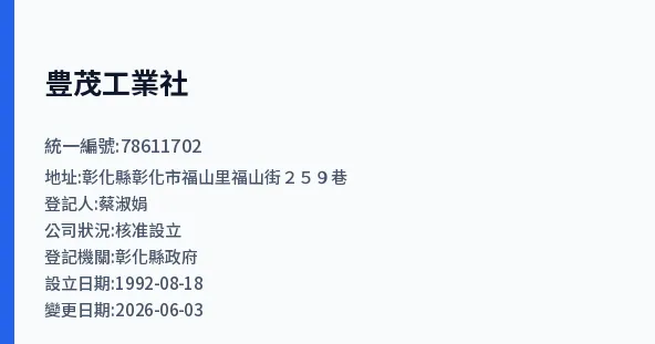 豊茂工業社的照片-統編 78611702(彰化縣) 公司登記資料與營業項目詳細圖表