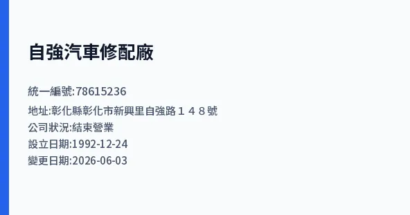 自強汽車修配廠的照片-統編 78615236(彰化縣) 公司登記資料與營業項目詳細圖表