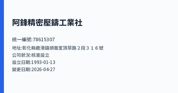 阿鋒精密壓鑄工業社的照片-統編 78615307(彰化縣) 公司登記資料與營業項目詳細圖表
