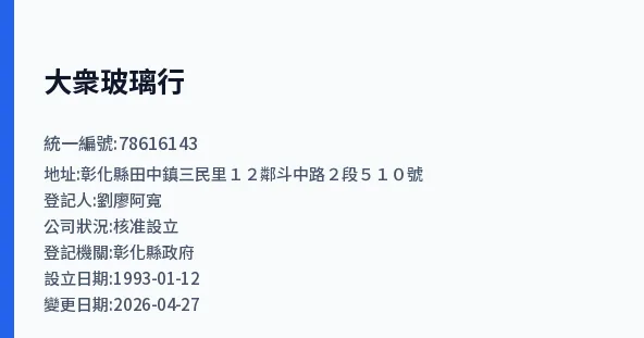 大衆玻璃行的照片-統編 78616143(彰化縣) 公司登記資料與營業項目詳細圖表