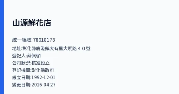 山源鮮花店的照片-統編 78618178(彰化縣) 公司登記資料與營業項目詳細圖表