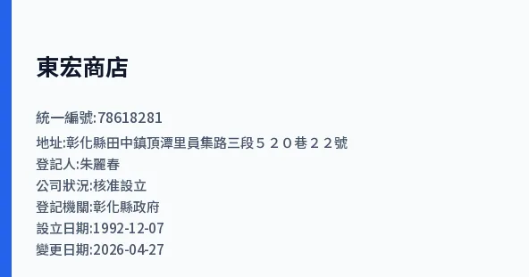 東宏商店的照片-統編 78618281(彰化縣) 公司登記資料與營業項目詳細圖表