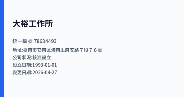 大裕工作所的照片-統編 78634493(臺南市) 公司登記資料與營業項目詳細圖表