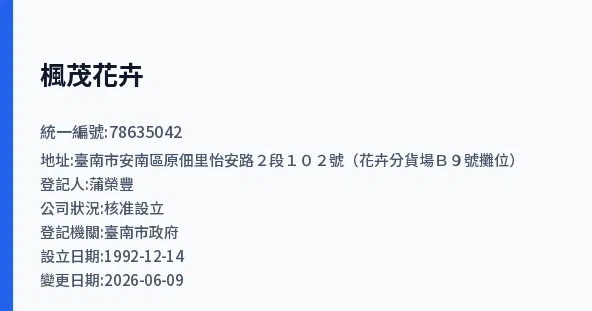 楓茂花卉的照片-統編 78635042(臺南市) 公司登記資料與營業項目詳細圖表