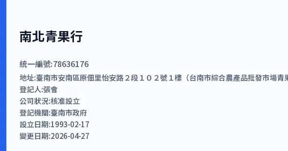 南北青果行的照片-統編 78636176(臺南市) 公司登記資料與營業項目詳細圖表