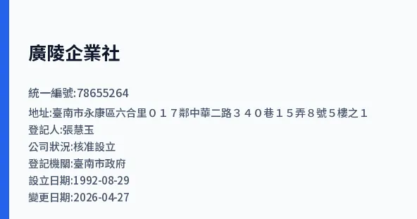 廣陵企業社的照片-統編 78655264(臺南市) 公司登記資料與營業項目詳細圖表