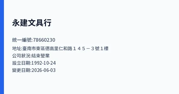 永建文具行的照片-統編 78660230(臺南市) 公司登記資料與營業項目詳細圖表