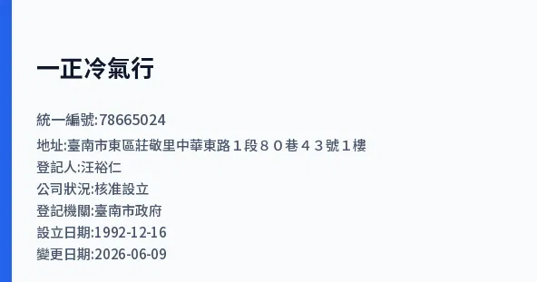 一正冷氣行的照片-統編 78665024(臺南市) 公司登記資料與營業項目詳細圖表