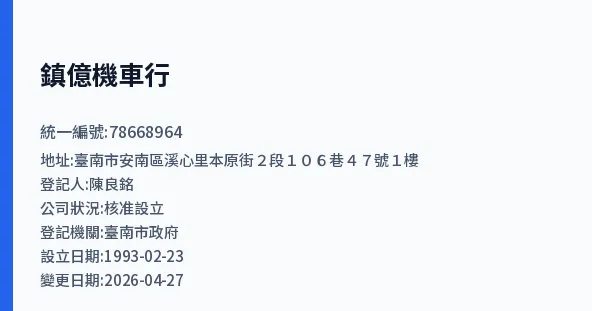 鎮億機車行的照片-統編 78668964(臺南市) 公司登記資料與營業項目詳細圖表