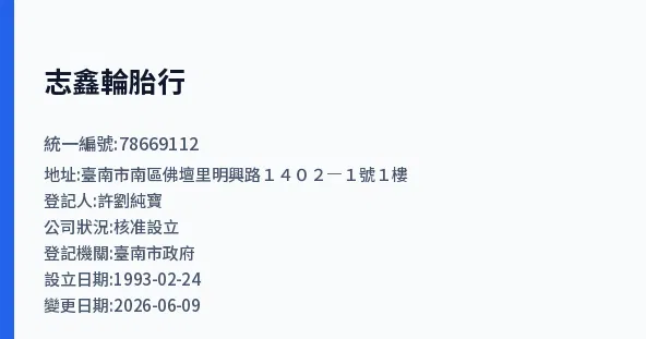 志鑫輪胎行的照片-統編 78669112(臺南市) 公司登記資料與營業項目詳細圖表