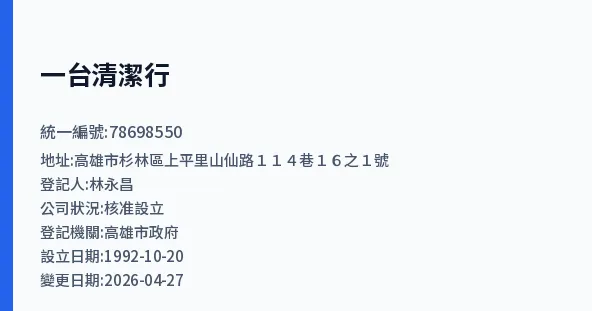 一台清潔行的照片-統編 78698550(高雄市) 公司登記資料與營業項目詳細圖表