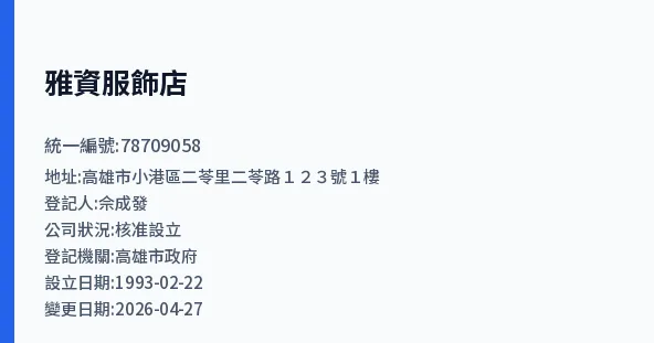 雅資服飾店的照片-統編 78709058(高雄市) 公司登記資料與營業項目詳細圖表
