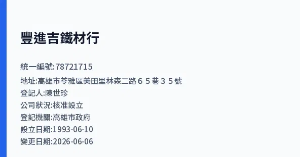 豐進吉鐵材行的照片-統編 78721715(高雄市) 公司登記資料與營業項目詳細圖表