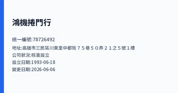 鴻機捲門行的照片-統編 78726492(高雄市) 公司登記資料與營業項目詳細圖表