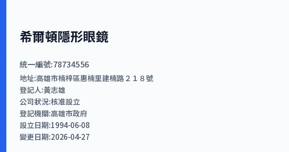 希爾頓隱形眼鏡的照片-統編 78734556(高雄市) 公司登記資料與營業項目詳細圖表