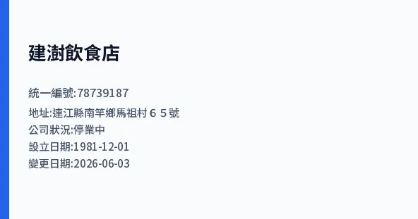 建澍飲食店的照片-統編 78739187(連江縣) 公司登記資料與營業項目詳細圖表