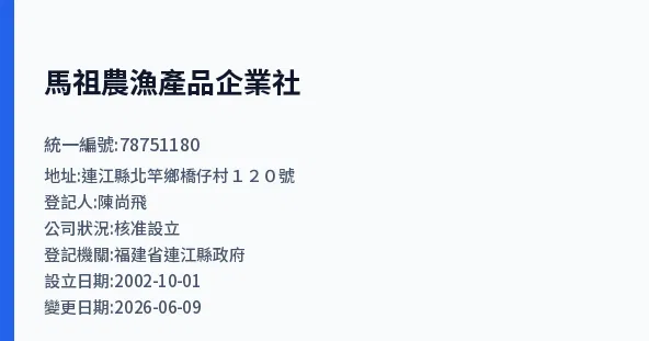 馬祖農漁產品企業社的照片-統編 78751180(連江縣) 公司登記資料與營業項目詳細圖表