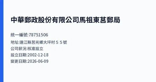 中華郵政股份有限公司馬祖東莒郵局的照片-統編 78751506(連江縣) 公司登記資料與營業項目詳細圖表