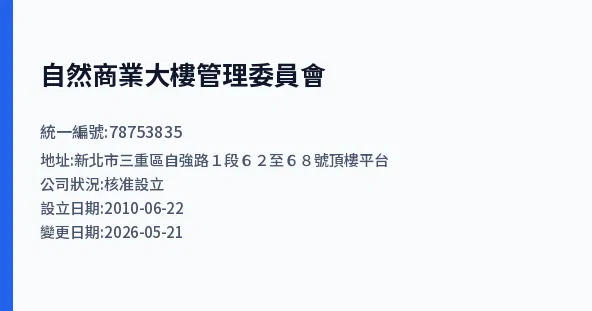 自然商業大樓管理委員會的照片-統編 78753835(新北市) 公司登記資料與營業項目詳細圖表