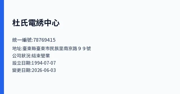 杜氏電綉中心的照片-統編 78769415(臺東縣) 公司登記資料與營業項目詳細圖表