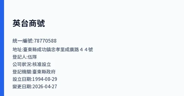英台商號的照片-統編 78770588(臺東縣) 公司登記資料與營業項目詳細圖表