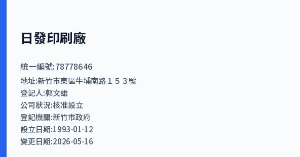 日發印刷廠的照片-統編 78778646(新竹市) 公司登記資料與營業項目詳細圖表