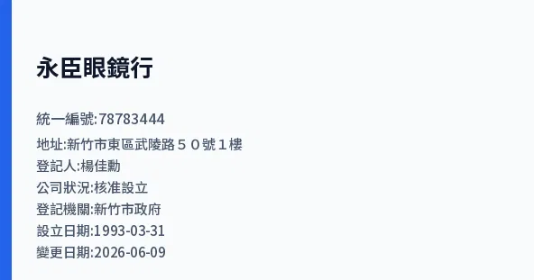 永臣眼鏡行的照片-統編 78783444(新竹市) 公司登記資料與營業項目詳細圖表