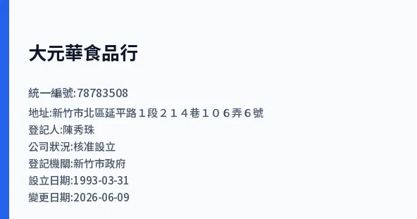 大元華食品行的照片-統編 78783508(新竹市) 公司登記資料與營業項目詳細圖表