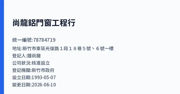 尚龍鋁門窗工程行的照片-統編 78784719(新竹市) 公司登記資料與營業項目詳細圖表