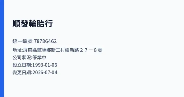 順發輪胎行的照片-統編 78786462(屏東縣) 公司登記資料與營業項目詳細圖表
