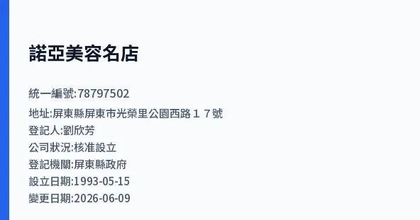 諾亞美容名店的照片-統編 78797502(屏東縣) 公司登記資料與營業項目詳細圖表