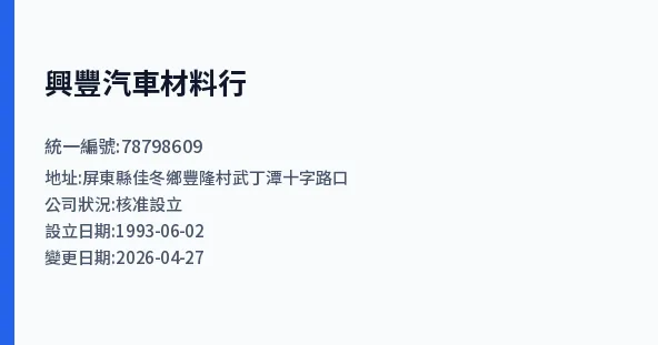 興豐汽車材料行的照片-統編 78798609(屏東縣) 公司登記資料與營業項目詳細圖表