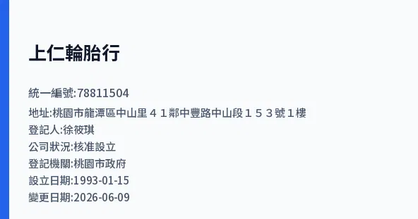 上仁輪胎行的照片-統編 78811504(桃園市) 公司登記資料與營業項目詳細圖表